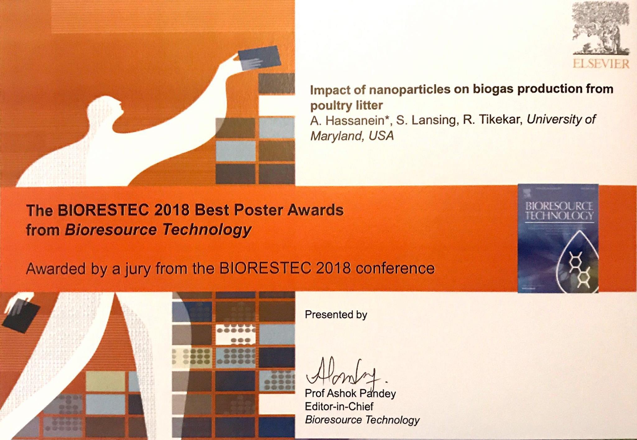 The BBIORESTEC 2018 Best poster Award from Bioresource Technology – Dr. Amro Hassanein